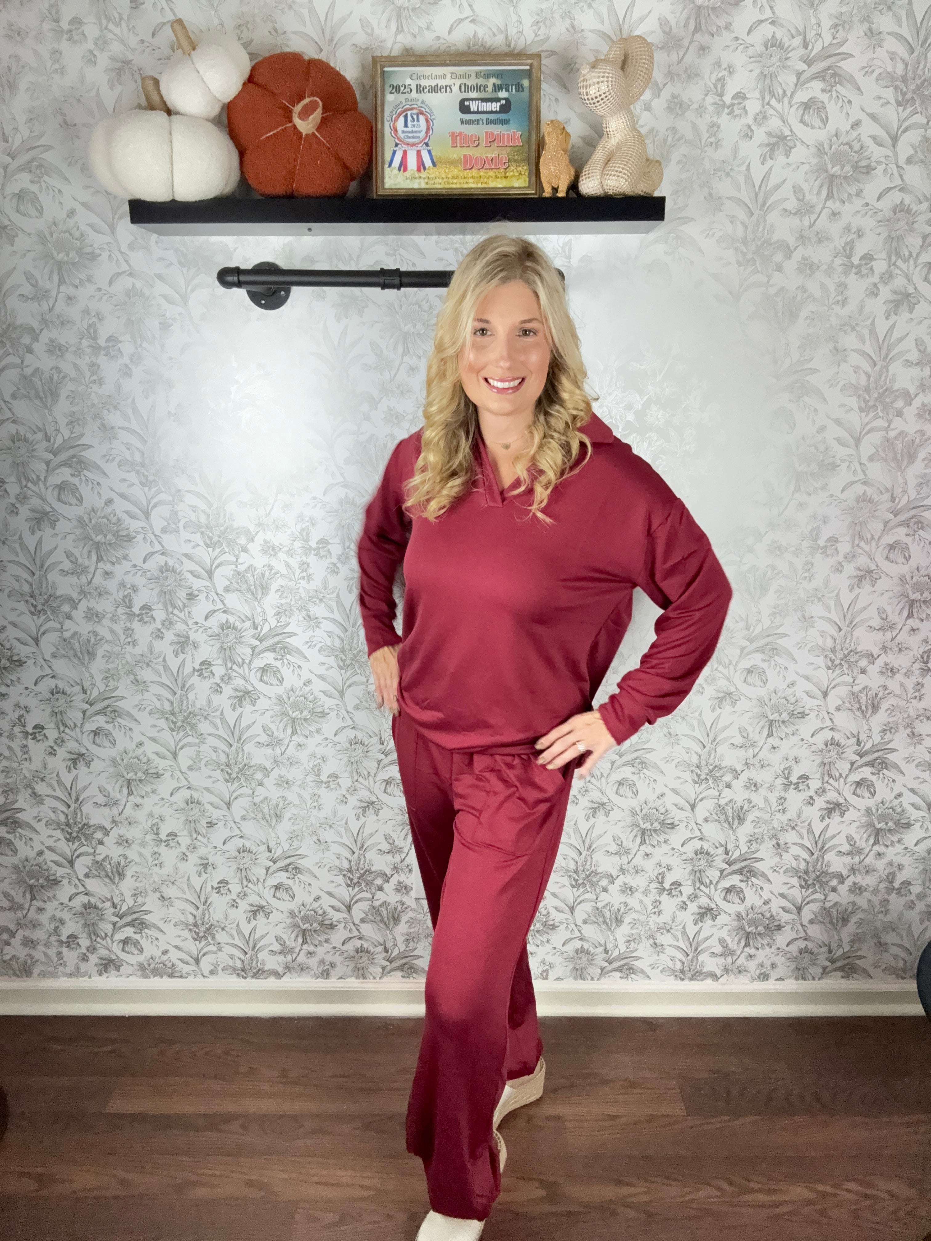 2-Piece French Terry Set – Chic Collared Top & Joggers | The Pink Doxie