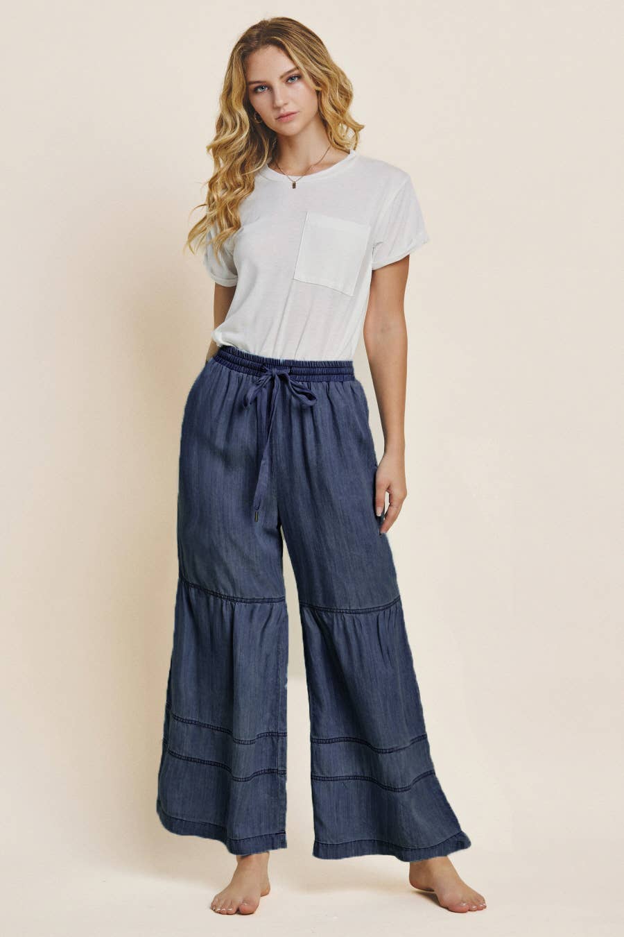 Dark Washed Denim Tiered Wide Leg Pants | Lightweight Tencel Wide Leg ...